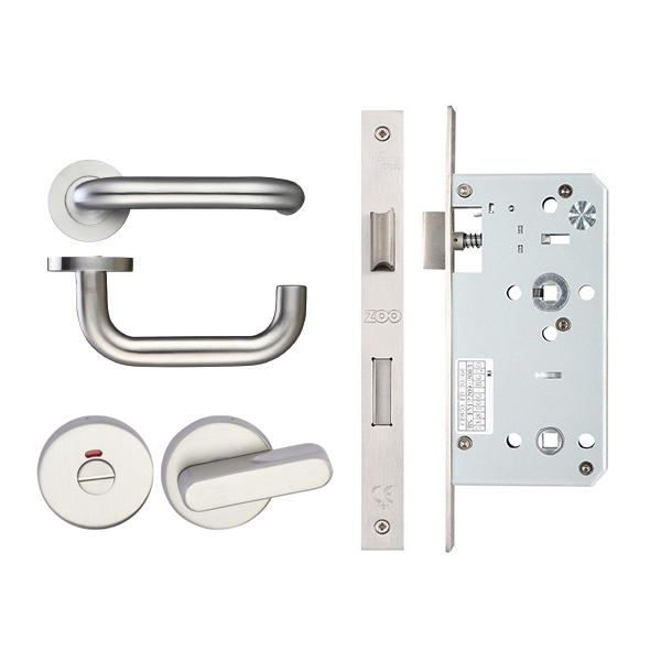 Round Bar Lever Handles and Bathroom Lock Pack - DDA Thumbturn - Satin ...