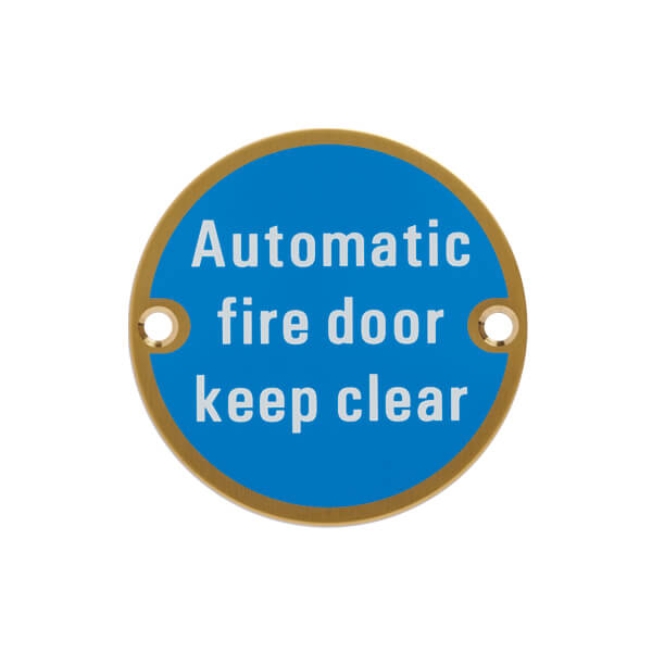 Circular Fire Door Signs – Drilled & Countersunk – Satin Brass | Welling UK