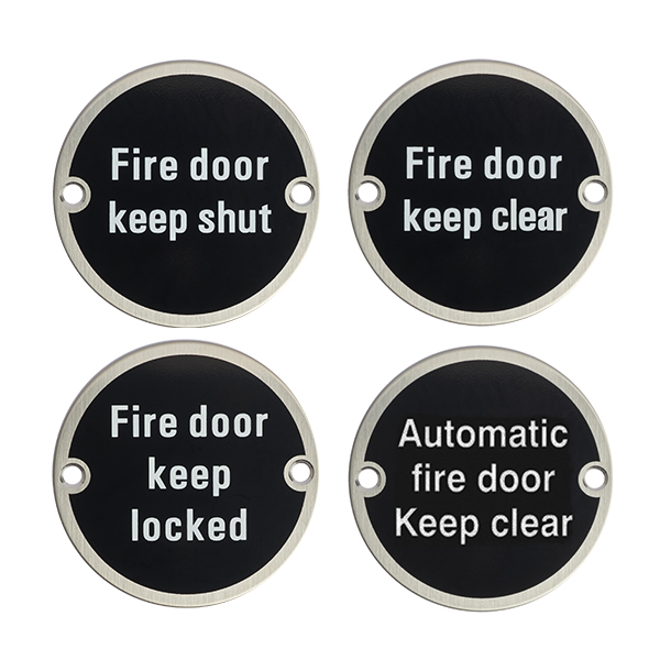 Circular Fire Door Signs – Drilled & Countersunk – Black | Welling UK