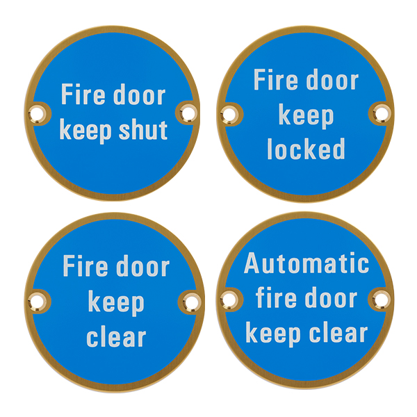 Circular Fire Door Signs – Drilled & Countersunk – Satin Brass | Welling UK