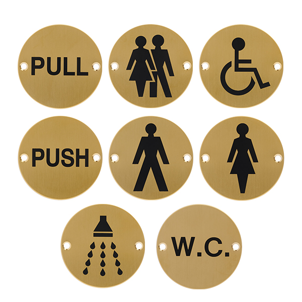 Pictogram Circular Signs - Drilled & Countersunk – Satin Brass | Welling UK
